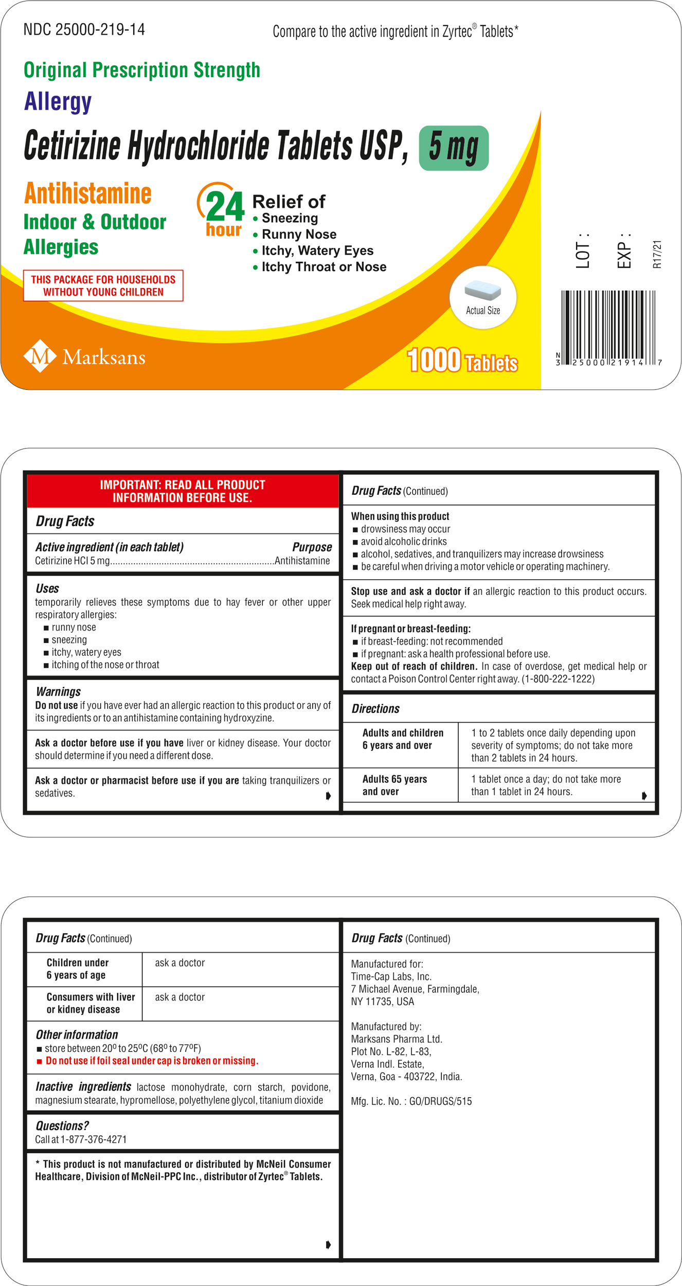 Cetirizine Hydrochloride Tablets, 5 Mg- Images NDC25000-219