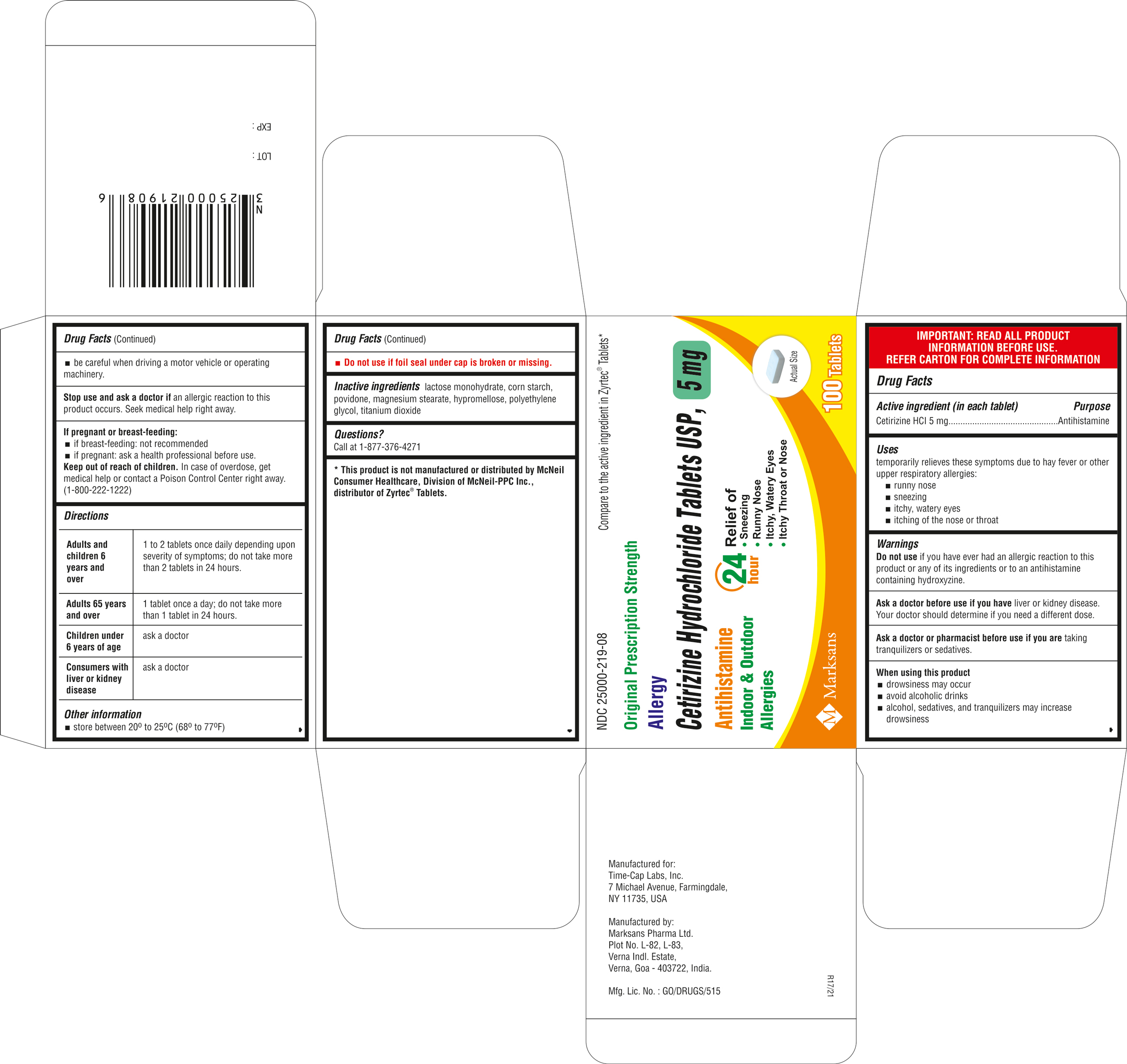 Cetirizine Hydrochloride Tablets, 5 Mg- Images NDC25000-219