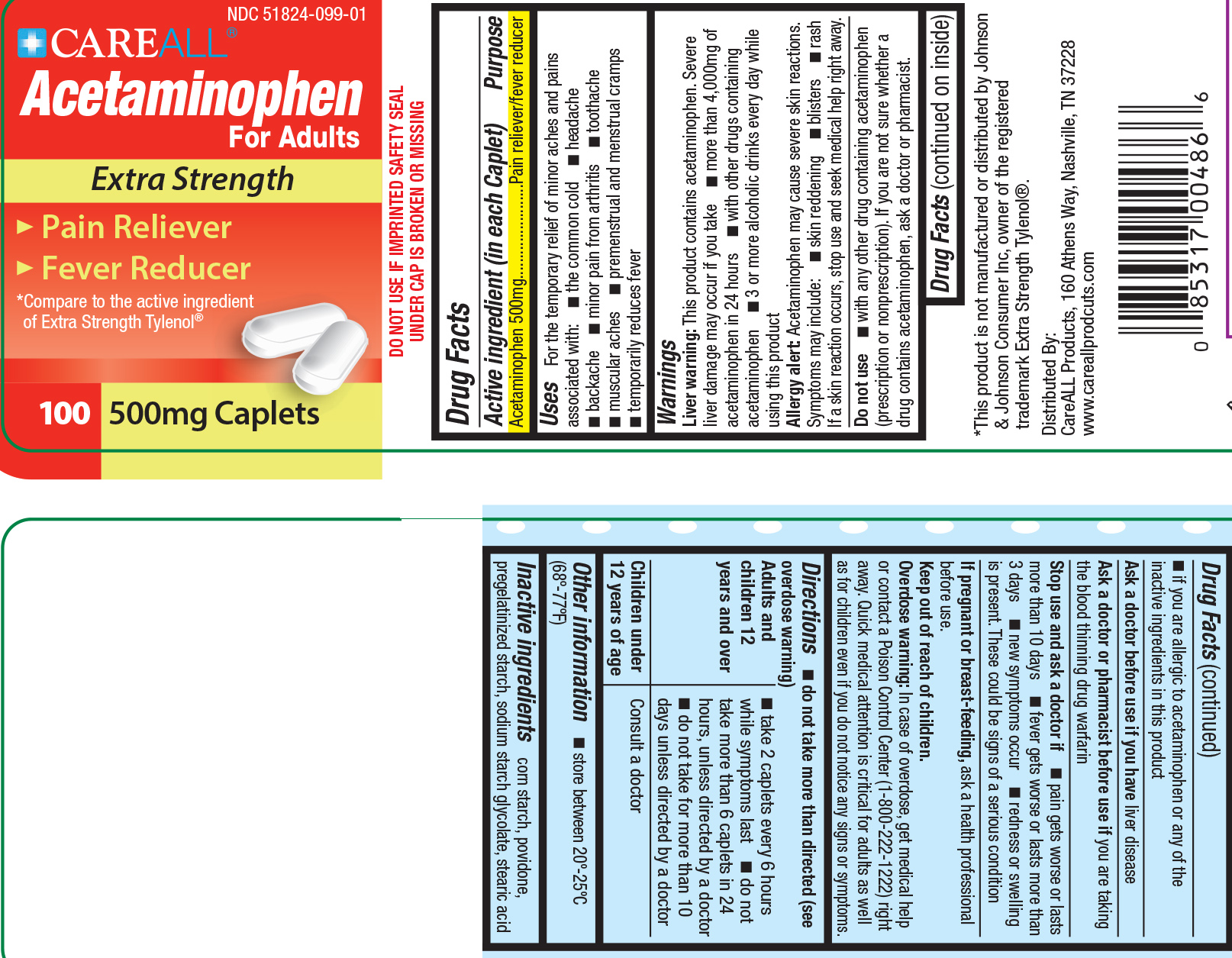 NDC 51824-099 Careall Acetaminophen Extra Strength Tablet Oral