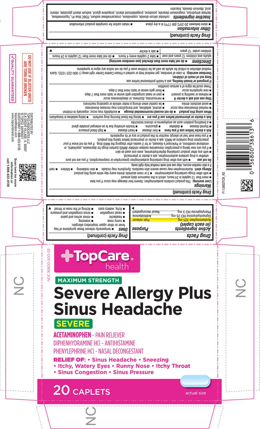 NDC 36800-500 Severe Allergy Plus Sinus Headache Tablet, Coated Oral