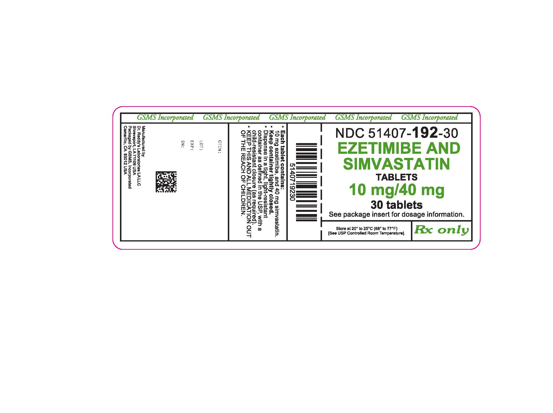Ezetimibe And Simvastatin Tablet- Images NDC51407-192