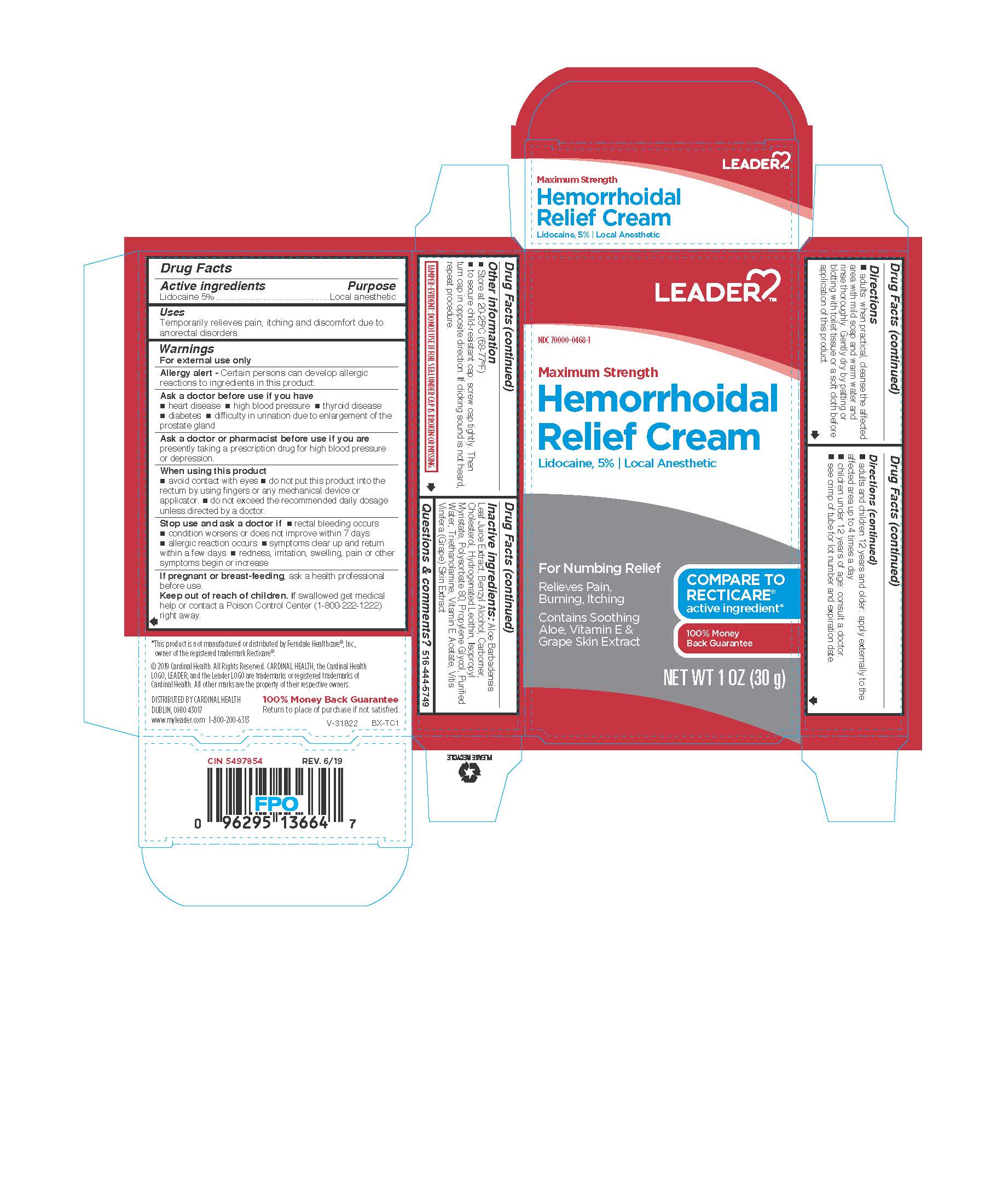 NDC 70000-0468 Hemorrhoidal Relief Cream Lidocaine