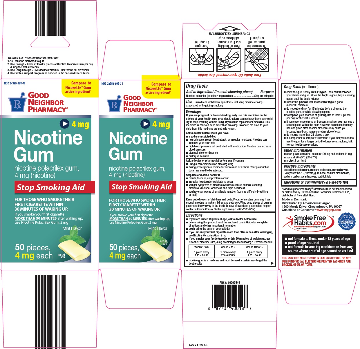 NDC 24385-598 Good Neighbor Pharmacy Nicotine Gum, Chewing Oral Label ...
