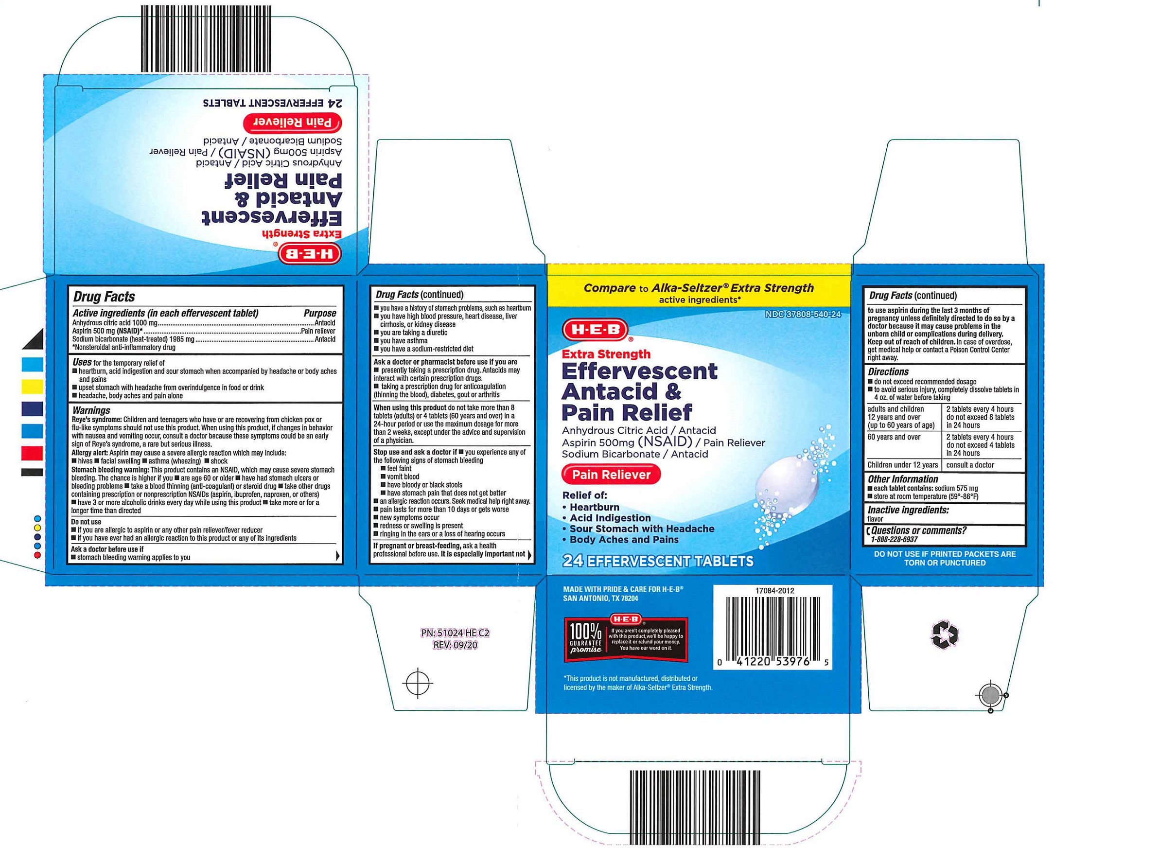NDC 37808-540 Heb Extra Strength Effervescent Antacid And Pain Relief ...