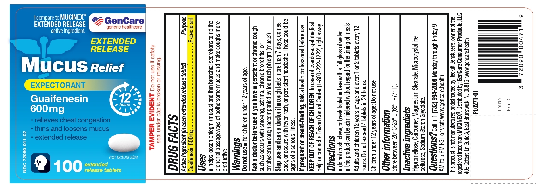 Mucus Relief Tablet, Extended Release- Images NDC72090-011