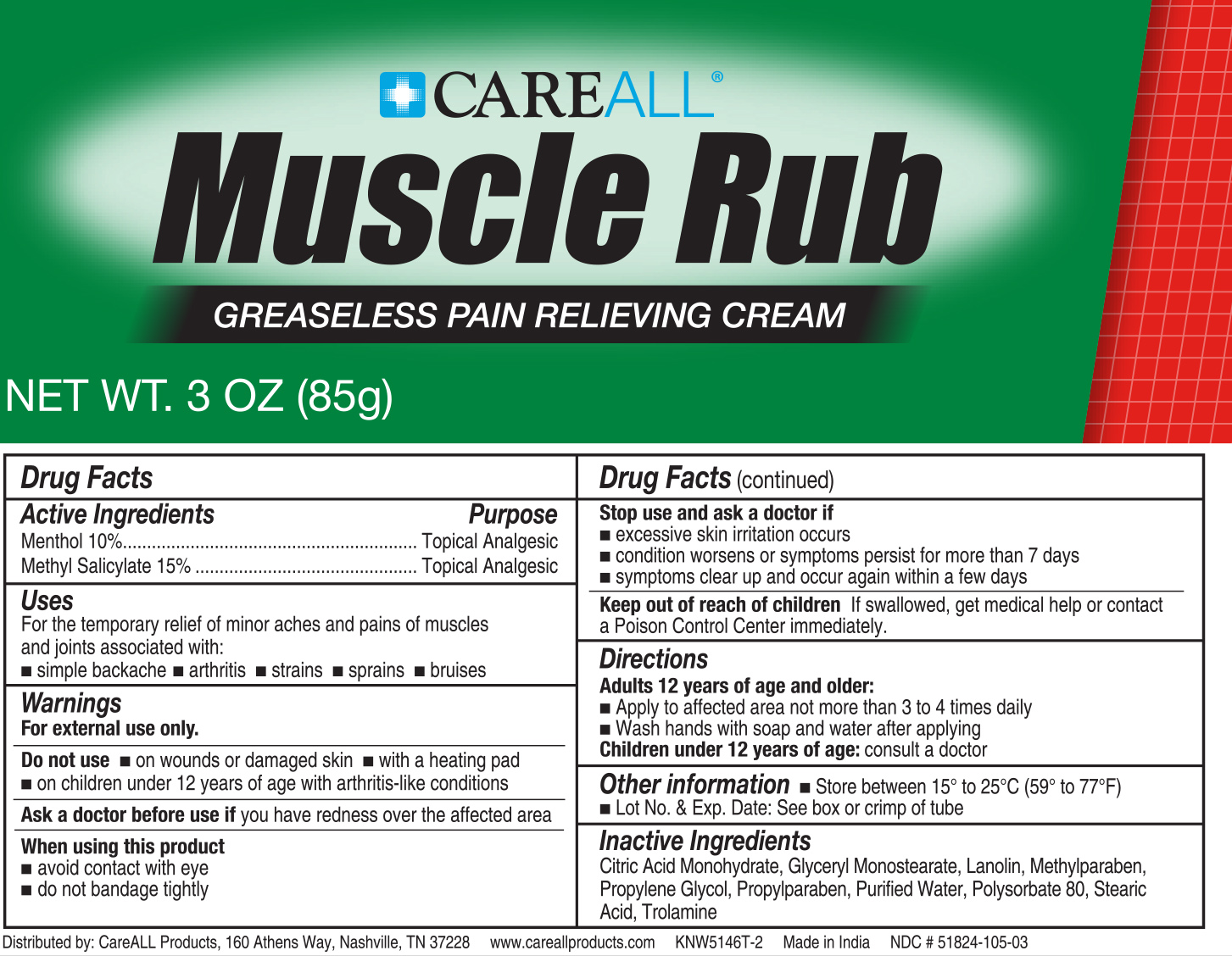 NDC 51824-105 Careall Muscle Rub Ultra Strength Cream Topical