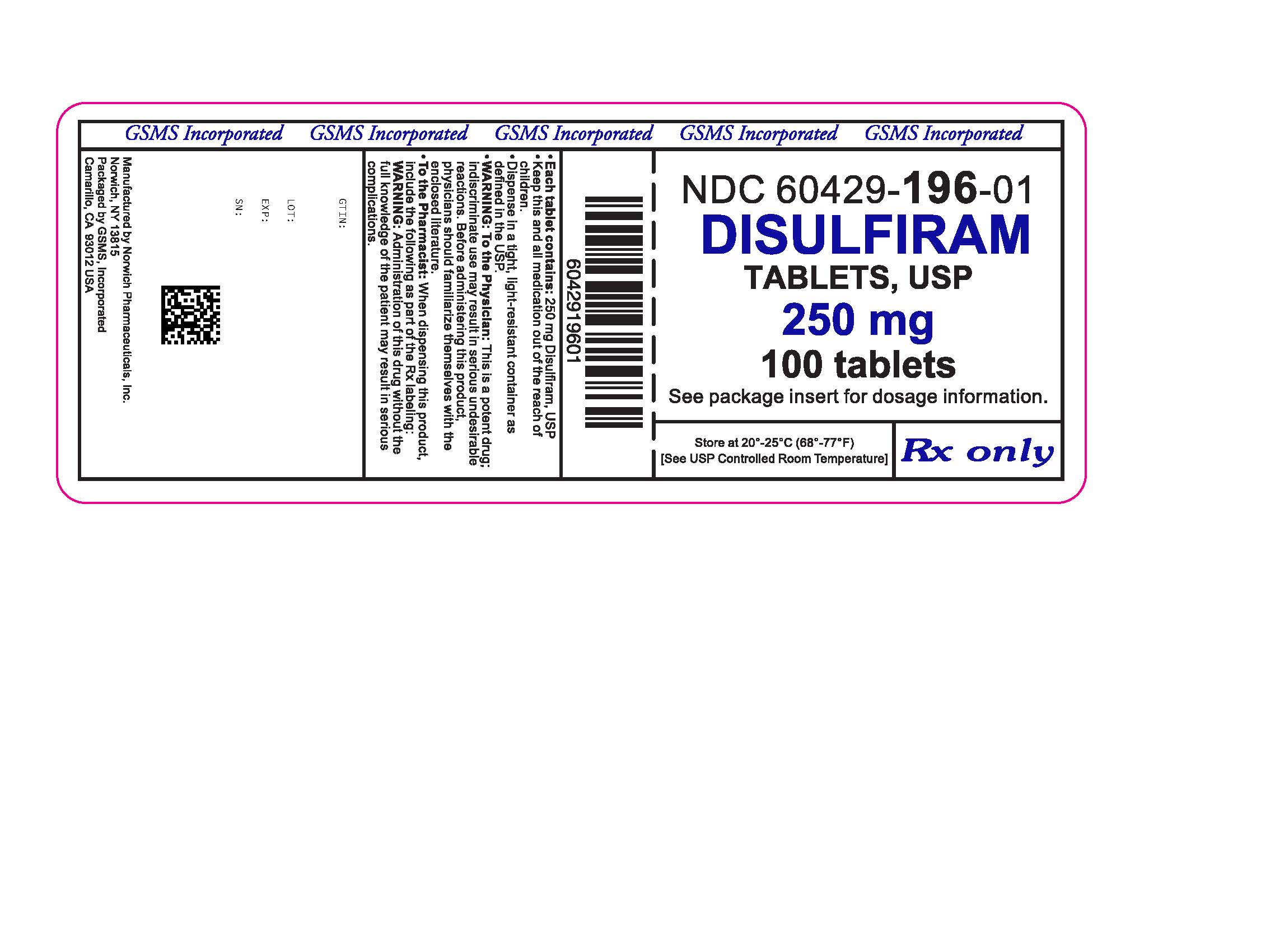 NDC 60429-196 Disulfiram Tablet Oral Label Information - Details, Usage ...