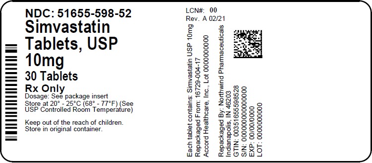 NDC 51655-598 Simvastatin Tablet, Film Coated Oral Label Information ...