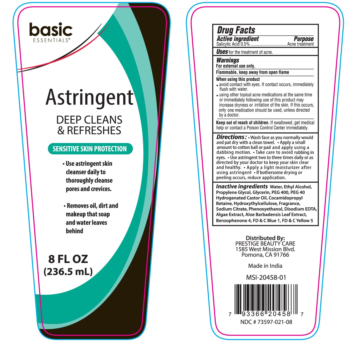 NDC 73597-021 Basic Essentials Astringent Solution Topical Label ...