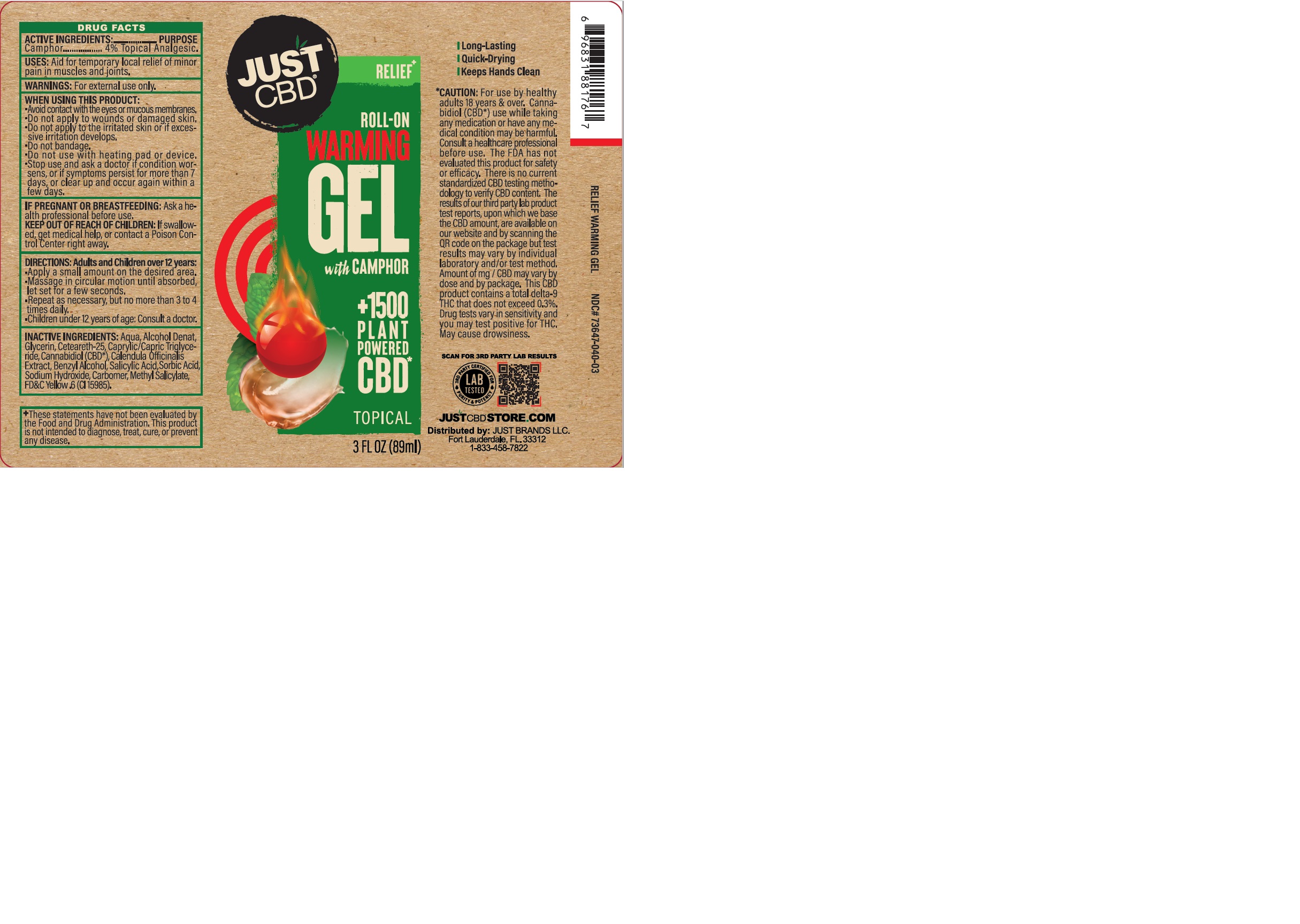 NDC 73647-040 Just Cbd Roll-on Warming Gel Topical Label Information ...