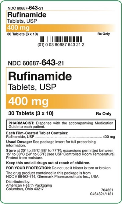 NDC 60687-643 Rufinamide Tablet, Film Coated Oral