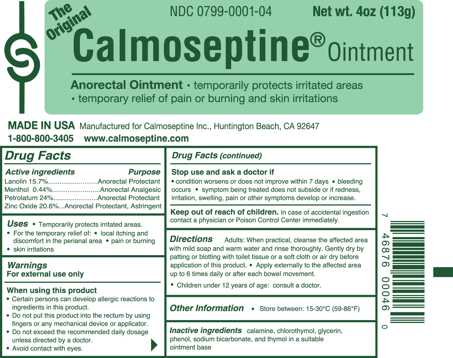 NDC 0799-0001 Calmoseptine Ointment Topical Label Information - Details ...